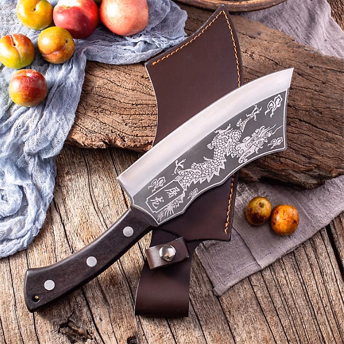 Handmade Dragon Knife, 8.2'' Cuchillo de Cocina Afilado, Dragon Slaying Knife, Japanese Black Dragon Knife, Handmade Super Sharp High Carbon Stainless Steel Kitchen Knives with Sheath (B)