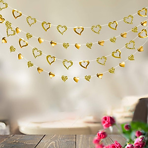 Cheerland 56.4 Ft Glitter Gold Heart Garland Shiny Valentines Day Decoration Mothers Day Banner Backdrop Hanging Decor Engagement Bachelorette Wedding Bridal Shower Streamer Anniversary Party Supplies
