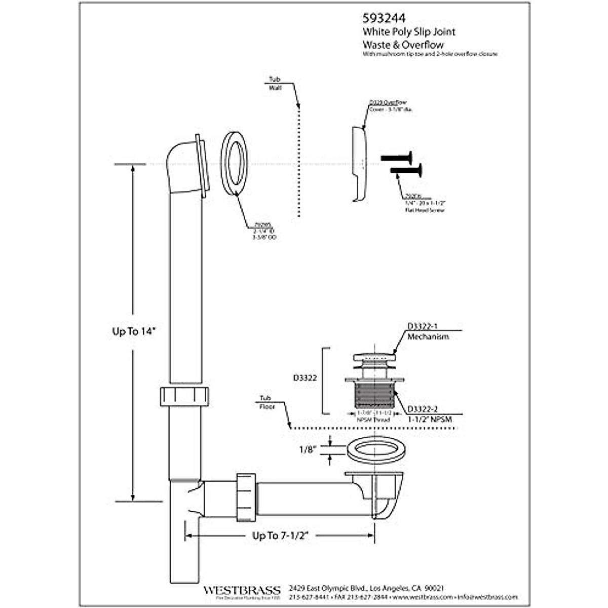 Westbrass 593244-62 White 1-1/2" Tubular Tip Toe Bath Waste Drain Kit, Matte Black, 1 Pack