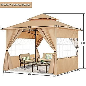 COOSHADE 8x8 Patio Gazebo with Window Curtains Gazebo Canopy Tent for Outdoor Garden Backyard Beige