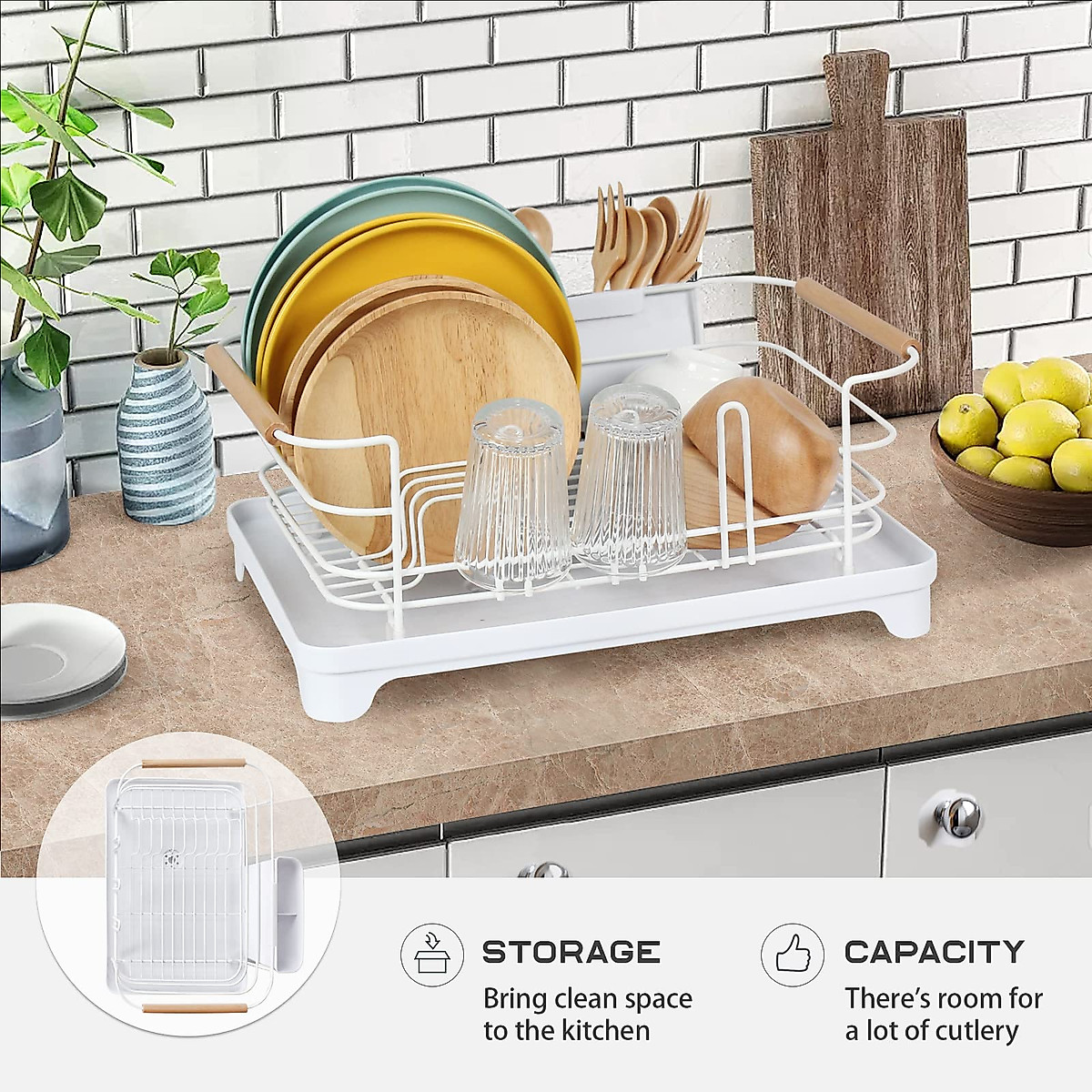 BRIAN & DANY Dish Drying Rack, Dish Racks for Kitchen Counter, Stainless Steel Dish Drainer with Cutlery Holder & Drainboard, 15.5"x 11.8"x 8.58", White
