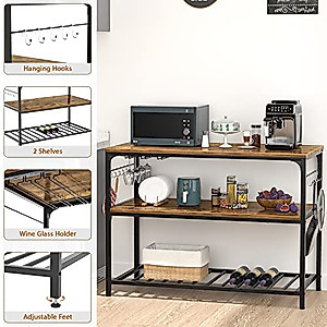 Homieasy Kitchen Island with Wine Glass Holder, Industrial Wood and Metal Coffee Bar Rack, 3 Tier Spacious Prep Table Extended Counter with Hooks Easy to Assemble, Rustic Brown