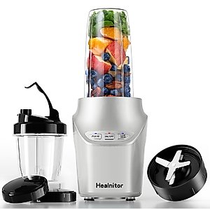1000W Large Natural Bullet Blender for Shakes and Smoothies, Healnitor Countertop Mixer with Blending and Grinding Blades for Kitchen, Tritan 32+15 Oz Travel Bottles for Fruits, Coffee, Silver
