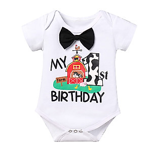 Baby Boys Farm Animals Themed 1st Birthday Cake Smash Outfit Bowtie Romper + Suspenders + Shorts Cow Boys Clothes Set, White - My 1st Birthday, 12-18 Months
