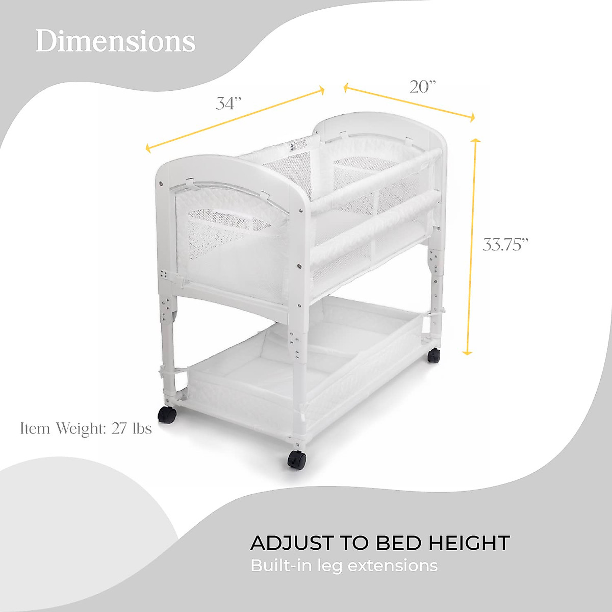 Arm’s Reach Cambria Co-Sleeper Bedside Bassinet Featuring Height-Adjustable Legs, Curved Wooden Ends, Breathable Mesh Sides with Pockets, and Large Lower Storage Basket, White