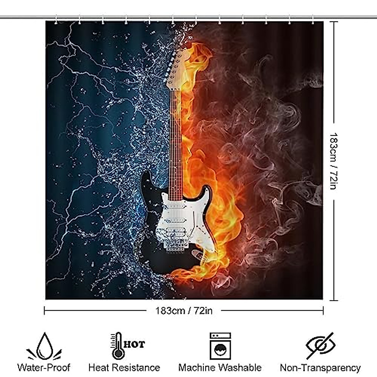 Fantasy Music Theme Guitar Shower Curtain Sets 4 Piece,Boys Room Decor Fire Water Flame Mist Electric Guitar Bathroom Decor Sets with Rugs Include Waterproof Non-Slip Toilet Lid Cover Bath Mat