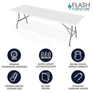 Flash Furniture Kathryn 8' Rectangular Plastic Folding Event Table with Carrying Handle, Bi-Fold Portable Banquet Table for Indoor/Outdoor Events, Granite White, 30"W x 96"L