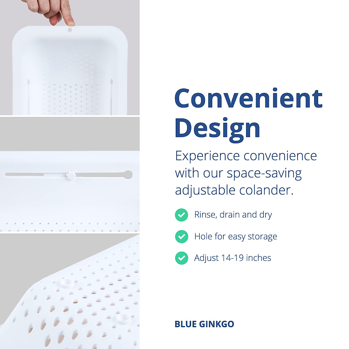 BLUE GINKGO Over the Sink Colander Strainer Basket - Wash Vegetables and Fruits, Drain Cooked Pasta and Dry Dishes - Extendable - New Home Kitchen Essentials (7.9 W x 14.5-19.5 L x 2.75 H) - White