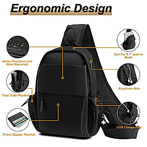 BOXJINCO Crossbody Sling Backpack Sling Bag Shoulder Bag for Men Women, Lightweight One Strap Backpack for Hiking Walking Biking Travel Cycling (Black)