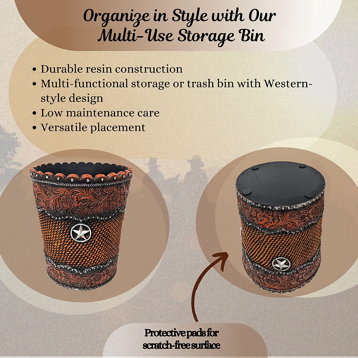 BestGiftEver Rustic Tooled Leather Look with Star Accent Resin Storage Bin | Western Multi-Purpose Home Decor for Bedrooms, Bathrooms, Living Rooms | Perfect for Cowboy Ranch Style Enthusiasts