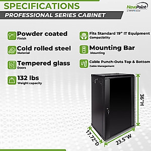 NavePoint 18U Server Rack Enclosure - 17.7” Deep, 18U Wall Mount Network Cabinet with Locking Glass Door for 19” IT Equipment, 18U Network Rack with 2 Fans, Removable Side Panels, Black