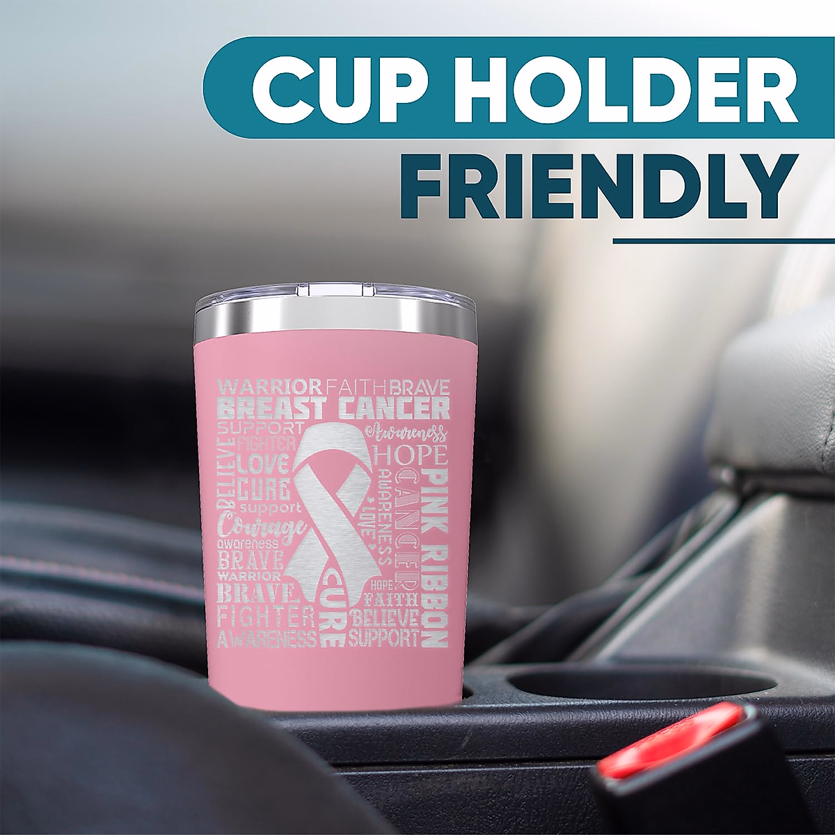 shop4ever Breast Cancer Awareness Ribbon Word Cloud Insulated Tumblers 20 oz. with Lid, Stainless Steel Cups Travel Coffee Mug (Light Pink)