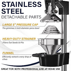 Eurolux Cast Iron Citrus Juicer | Extra-Large Commercial Grade Manual Hand Press | Heavy Duty Countertop Squeezer for Fresh Orange Juice (Bonus Stainless Steel Cup) (Black)