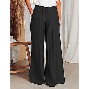 Rheane Wide Leg Pants for Women Palazzo Black Linen Flowy Pants High Waisted Smocked Waist Belt Boho Beach Holiday 2023 Fall (Black L)