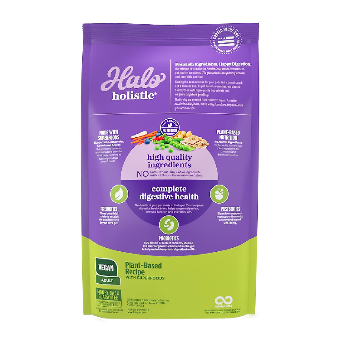 Halo Holistic Plant-Based Recipe With Superfoods, Complete Digestive Health, Vegan Dry Dog Food Bag, Adult Formula, 10-lb Bag