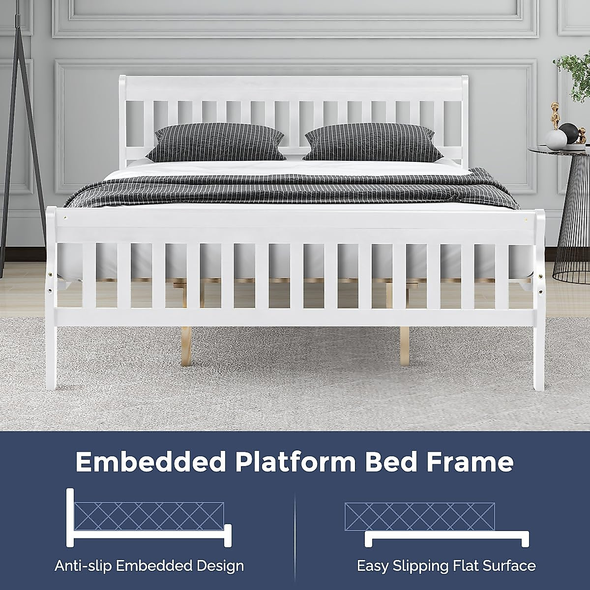 IULULU Queen Bed Frame, Solid Wood Platform Bed Frame with Headboard & Footboard, Queen Size Mattress Foundation with Wooden Slats Support, Easy Assembly, No Box Spring Needed, White