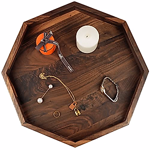 MAGIGO 16 Inches Extra Large Octagonal Black Walnut Wood Ottoman Tray with Handles, Serve Tea, Coffee Classic Wooden Decorative Serving Tray