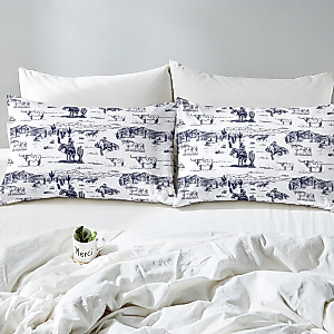 Western Cowboy Duvet Cover Set Queen Size,Sketch Highland Cow Horse Desert Bedding Set for Kids Boys Men Adult Room Decor,Southwest Rustic Farm Animals Comforter Cover Navy White Quilt Cover 3Pcs