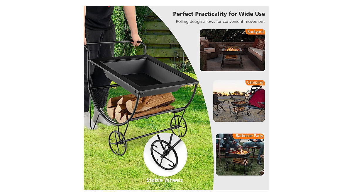 Tangkula Outdoor Fire Pit with Wheels and Firewood Log Rack, Patio Wood ...