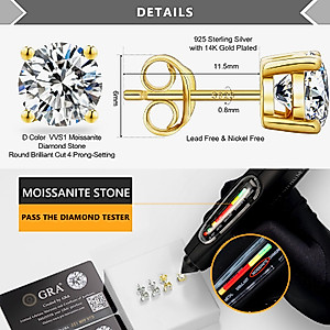 KRKC&CO Moissanite Earrings for Men, Dazzling Studs Earrings, S925 Sterling Silver, 4-Prong, 1.2-3.0CT, D Color, VVS1, Gold Jewelry Gifts For Him(5.5mm, 0.6ct*2, gold)