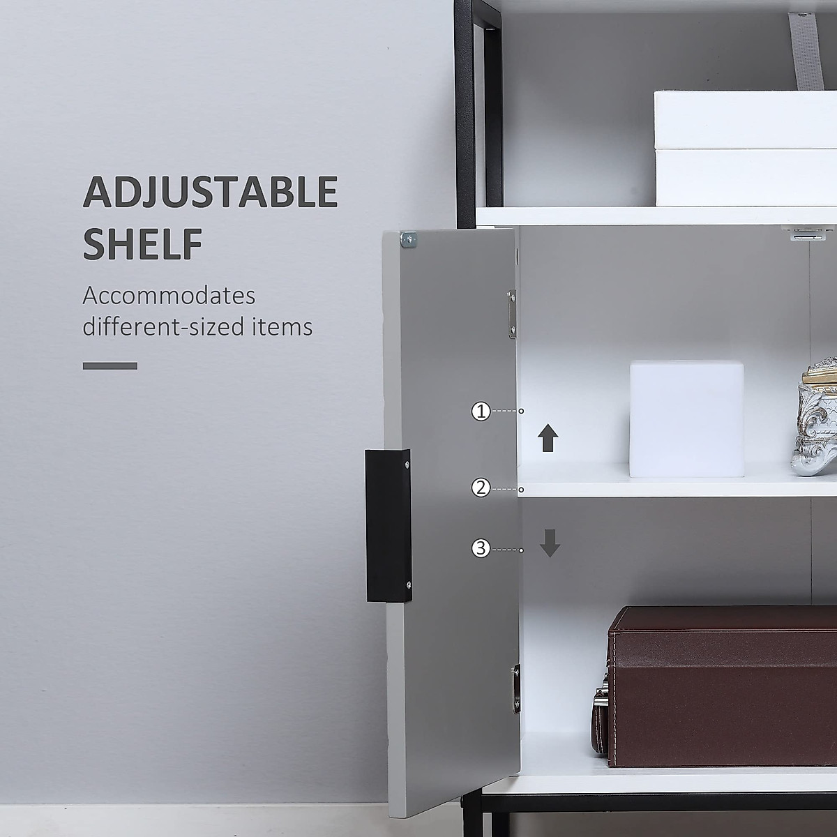 HOMCOM Storage Cabinet with Open Shelf and Double Door Cupboard, Accent Cabinet with Herringbone Panel and Steel Frame, Gray
