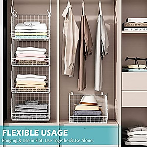 5 Tier Closet Hanging Organizer, Clothes Hanging Shelves with 4 Hanging Hooks 5 S Hooks, Wire Storage Basket Bins, for Clothing Sweaters Shoes Handbags Clutches Accessories Patent Design-White
