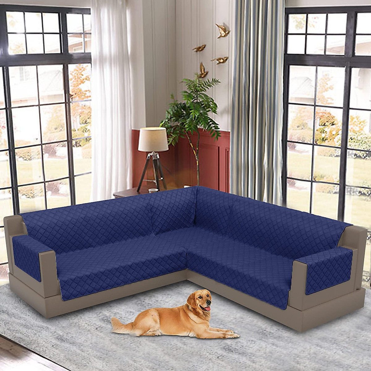 Arfntevss Corner Sectional Couch Covers 3-Piece Water Repellent L Shape Sofa Cover Set Quilted Anti Slip U-Shaped Sofa Slipcovers Living Room Furniture Protector for Pet Dog Cat (Navy Blue, Large)