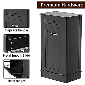 Visionwards Tilt Out Trash Cabinet Bin, Wooden, Dog Proof Garbage Can Holder, Kitchen Island with Laundry Hamper, Black