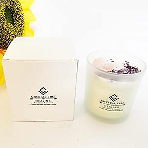 Crystal Vibe Healing Crystal Candle With Rose Quartz Crystals and Lavender Petals - Natural Soy Wax Lavender Scented Candle With Crystals Inside for Home Décor Clearance - Aromatherapy Meditation