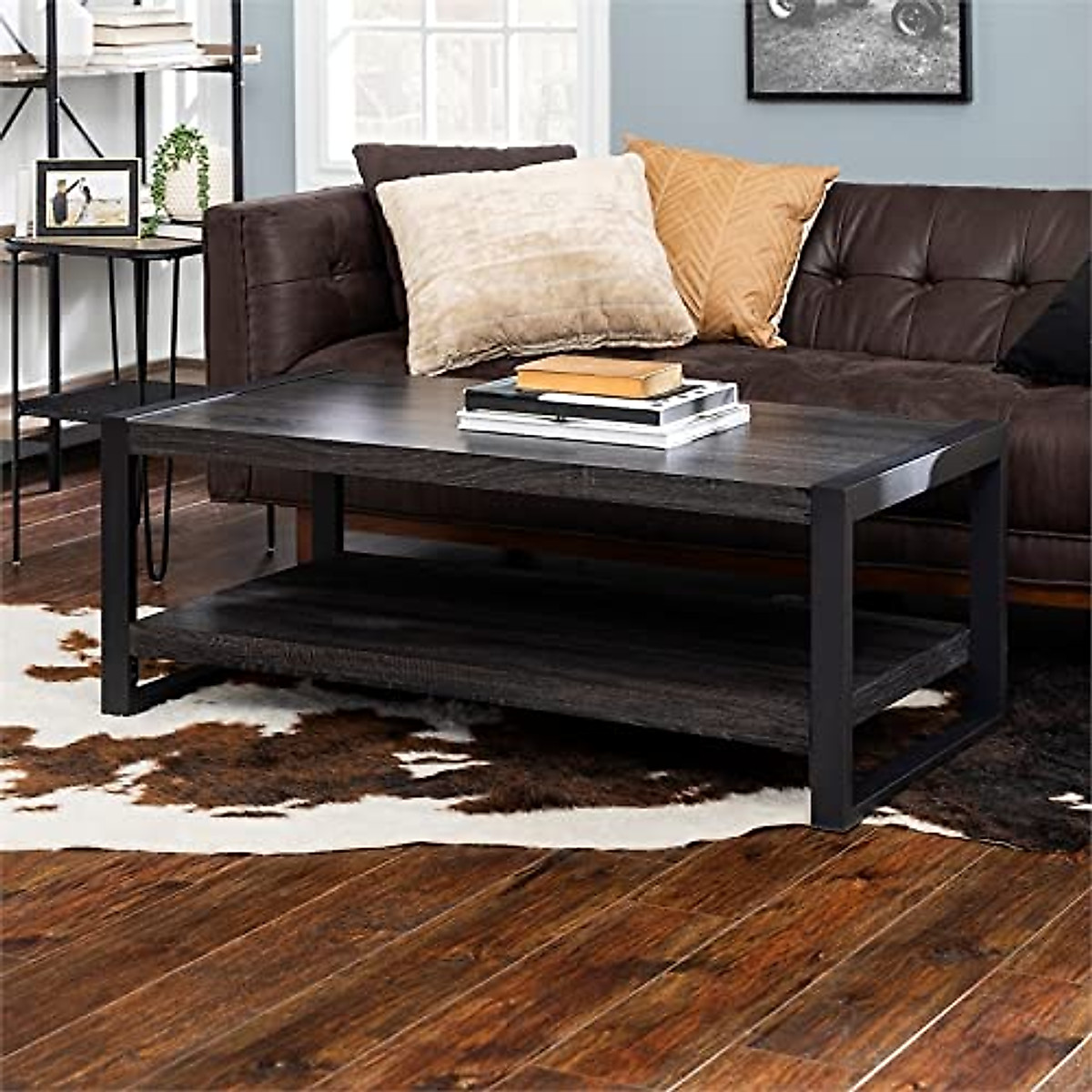 Walker Edison Industrial Modern Rectangle Metal Base and Wood Coffee Table Living Room Accent Ottoman, 48 Inch, Charcoal