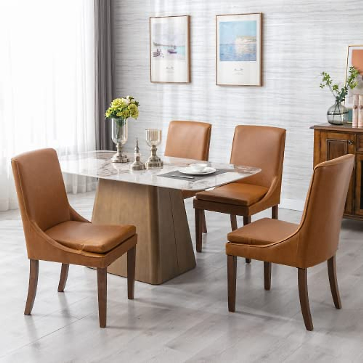 chairus Dining Chairs Set of 2 PU Leather Dining Room Chairs Modern Side Chair with Brown Wood Legs Comfy Upholstered Chair for Kitchen Lving Room Bedroom, Brown