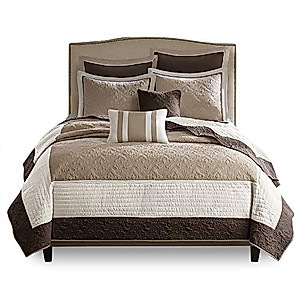 Madison Park Attingham Reversible Quilt Set - All Season Breathable Coverlet, Lightweight Cozy Bedding Layers, Matching Shams, King/Cal King(104"x94"), Beige Multi 7 Piece