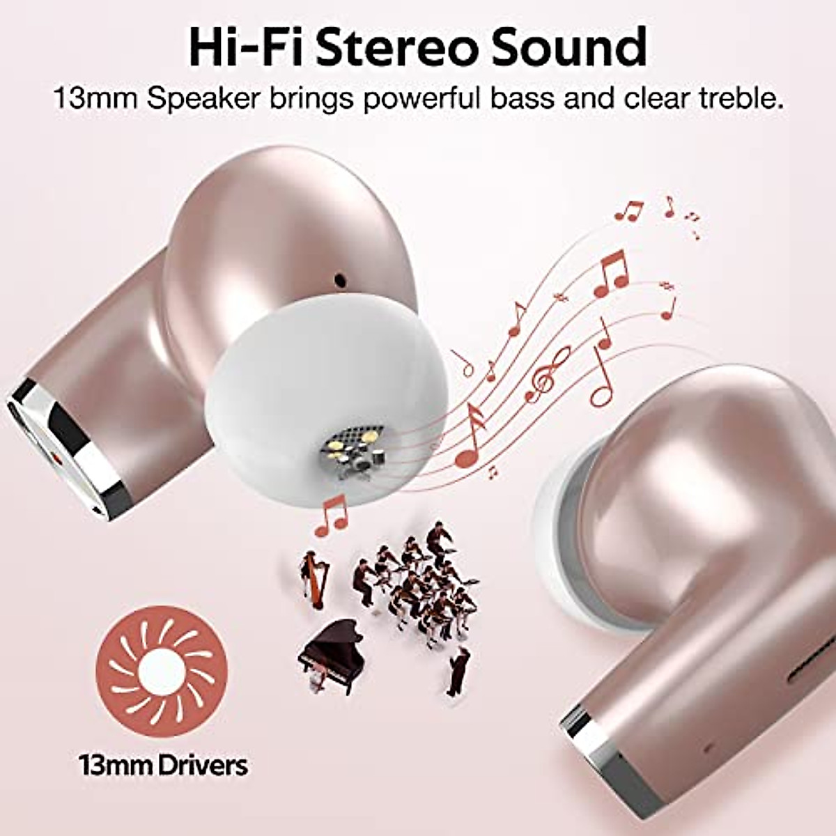 TSKIS True Wireless Earbuds Bluetooth Headphones with Noise Cancelling Mic 48Hrs Playtime LED Display IPX7 Waterproof Ear Buds for Android/iOS (Rose Gold)