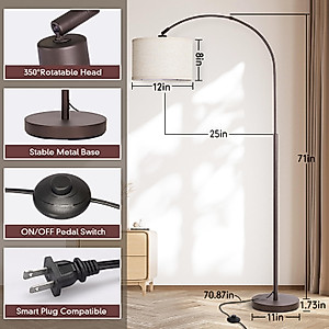 Floor Lamp for Living Room, Arc Floor Lamp with Adjustable Head, Modern Arched Floor Lamp with On/Off Pedal Switch, Over Couch Tall Standing Hanging Light for Reading, Bedroom, Office (Brown)