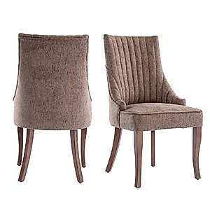 mikibama Linen Dining Chairs Set of 2 Channel Tufted Kitchen Dinner Chair Comfy Fabric Upholstered Accent Chair for Dining Room with Solid Wood Legs (Brown)