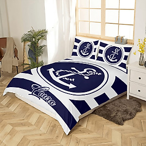 XIUCOO Custom Blue Striped Anchor Name Duvet Cover Set with 2 Pillow Shams Bedding Sets Personalized Quilt Cover for Birthday Wedding Queen Size Gift