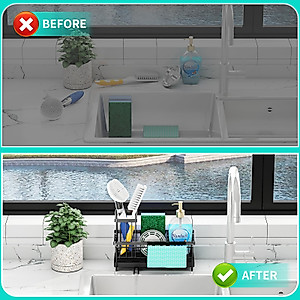 Godboat Sponge Holder for Kitchen Sink - Kitchen Sink Organizer with Brush Holder, 201 Stainless Steel, Sink Caddy with Auto-Drain, 360° Swivel Spout, Cool Gadgets for Apartment, Farmhouse and RV