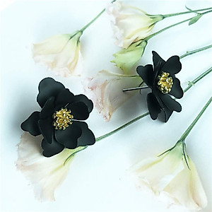 Chic Cute Boho Matte Flower Statement Stud Earrings with Gold Flower Bud for Women Sister Mom Lover and Friends (Black)