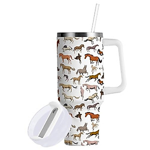 RPLIFE Horse Breeds White 40oz Tumbler with Handle, Stainless Steel Water Bottle with Straw, Tumblers for Women