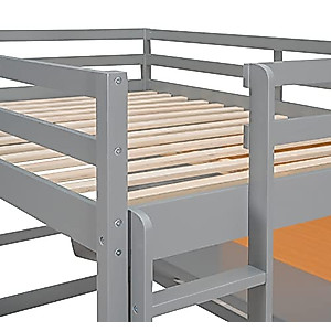 BOVZA Full Size Loft Bed with Desk and Writing Board, Cabinet, Wood Loft Bed Frame with 2 Built-in Ladder and Guardrails for Kids Teens Girls Boys, Gray