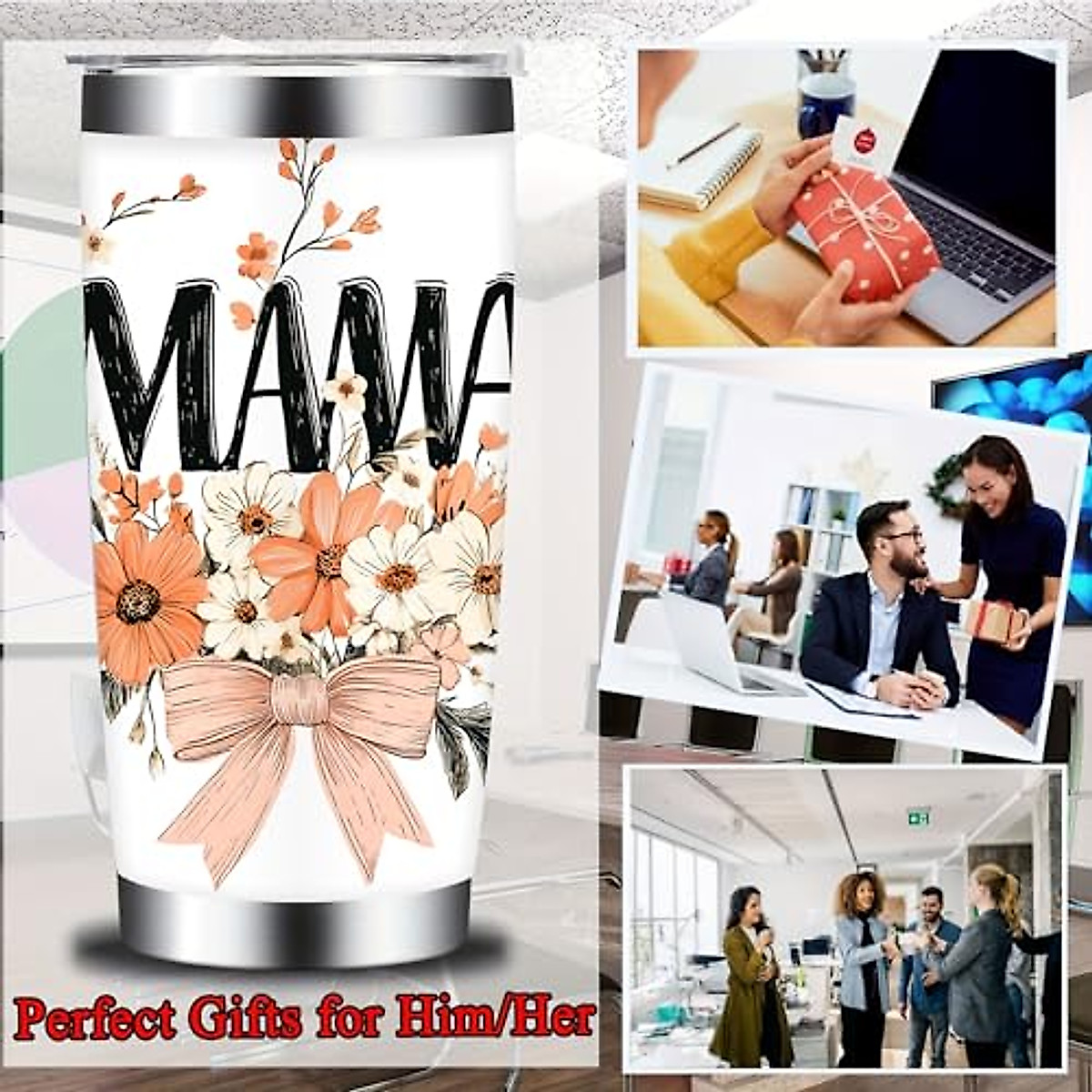 FOCIUZTA 20oz MAMA Floral Ribbon Tumbler with lid, Travel Coffee Cup, Ideal for Easter, Mother Day, and birthday gifts