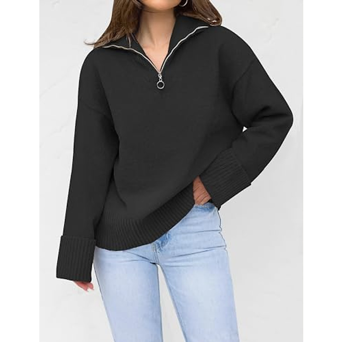 ZESICA Women's 2023 Winter Long Sleeve 1/4 Zipper V Neck Loose Fuzzy Knitted Chunky Warm Pullover Sweater Jumper Tops,Black,Large