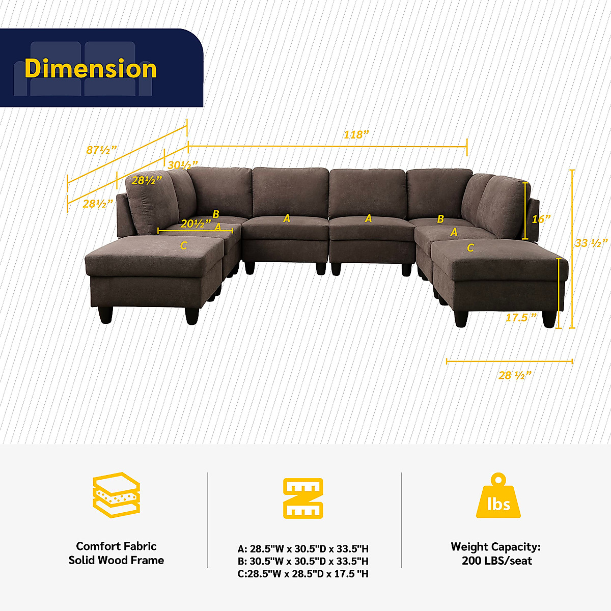 Star Home Living Corp. Isabel Upholstered U-Shape Modular Sectional Sofa, Brown