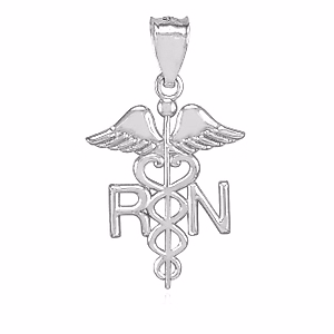 American Heroes Polished 14k White Gold Caduceus RN Charm Registered Nurse Pendant