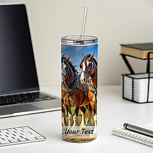 Personalized Custom Name Text Clydesdale Horses Skinny Tumbler 20oz with Straw Insulated Water Bottle Gift - 1 Line Horizontal