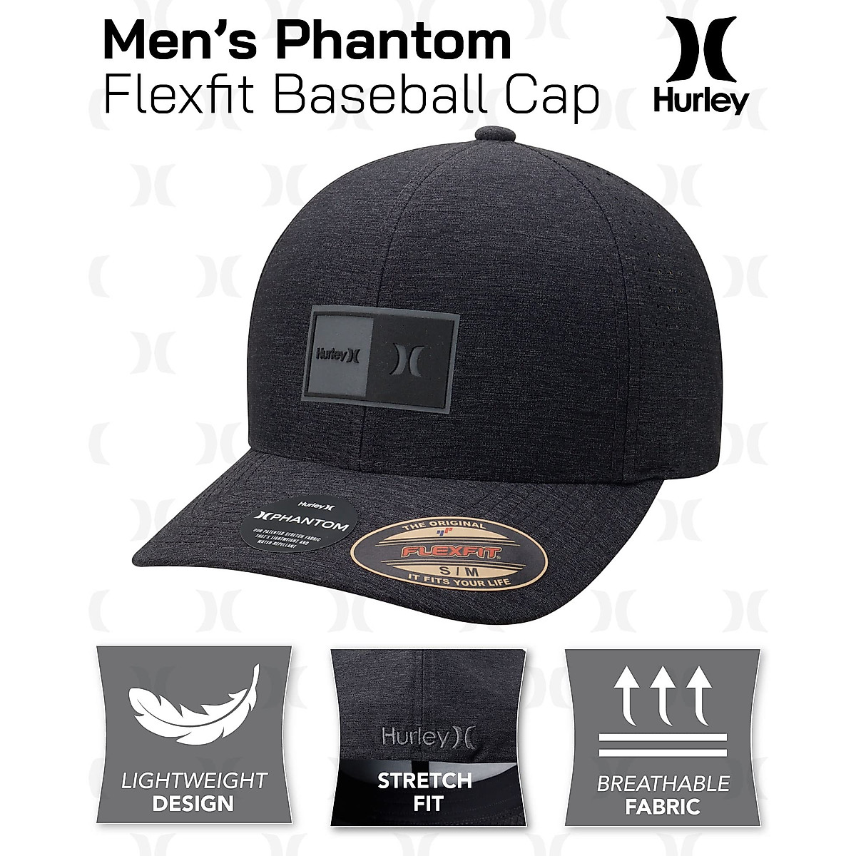 Hurley Men's Caps - Phantom Flexfit Baseball Cap - Fitted Hats for Men (S-XL), Size Large-X-Large, Black