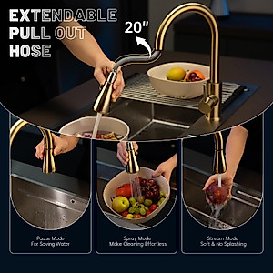 APPASO Gold Kitchen Faucet with Soap Dispenser, Brushed Gold Kitchen Sink Faucet with Pull Down Sprayer, Modern High Arch Single Handle Sink Faucet for Kitchen, 3 Modes & Champagne Gold