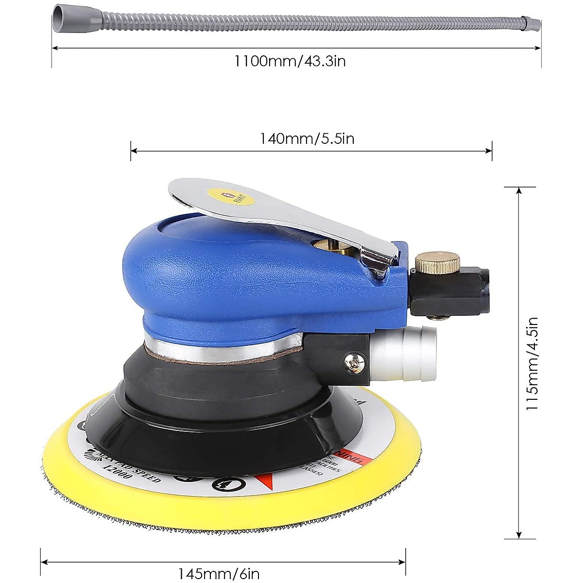 6" Air Random Orbital Sander (Air sander) Pneumatic Sander with Hose and Bag for Car 6 Inches, Polishing Grinding Sanding for Car, Metal,Wood Wax, Metal Work.