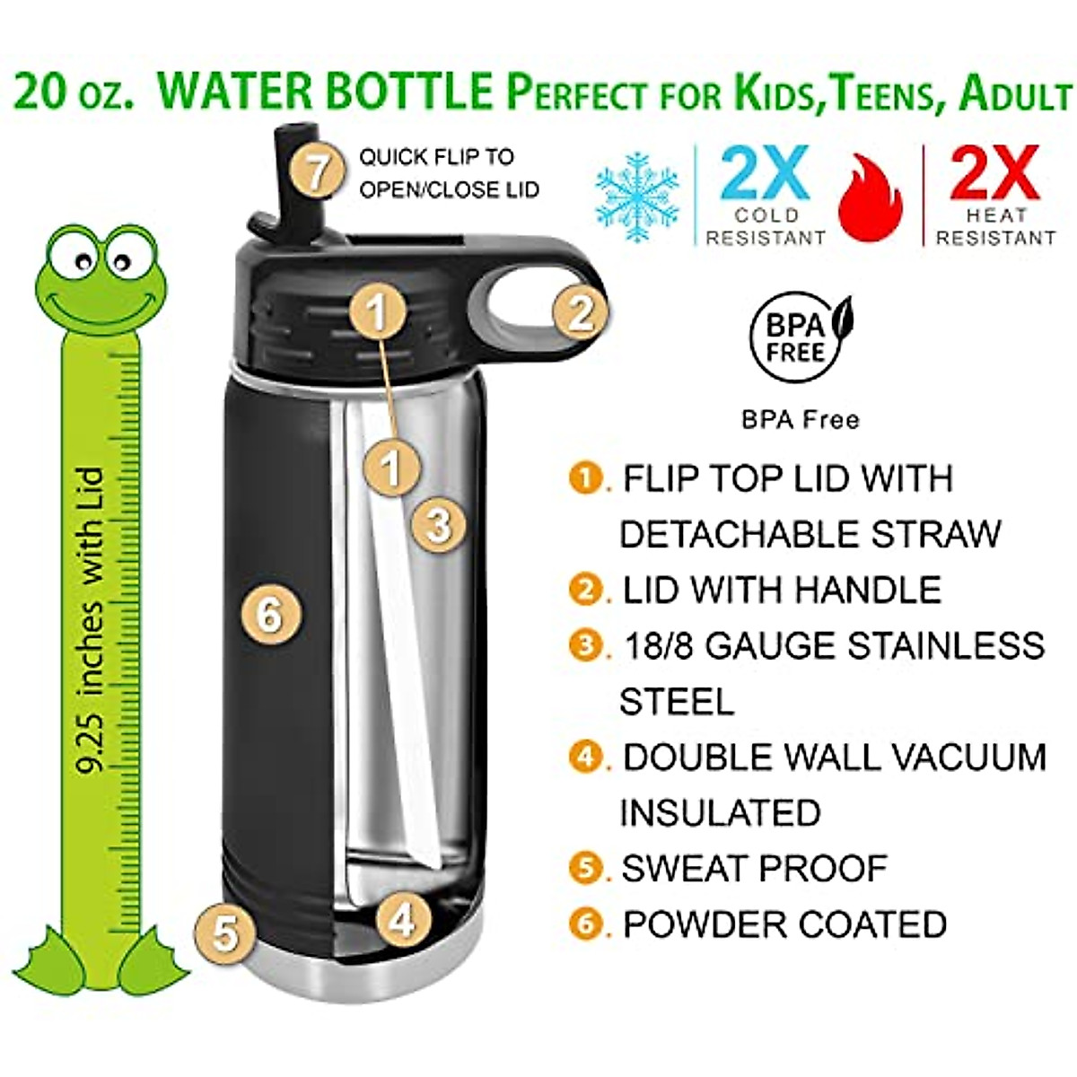 Personalized Kids Water Bottle 20oz with Flip-Top Lid and Straw, Stainless Steel Insulated Flask Kids Thermos with Engraved Name - Birthday, Kids, Men, Women Custom Gift (Black)