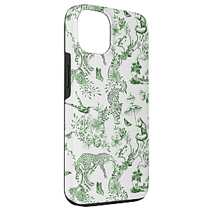 iPhone 13 French Green Toile Chinoiserie with Flowers, Leopards Case